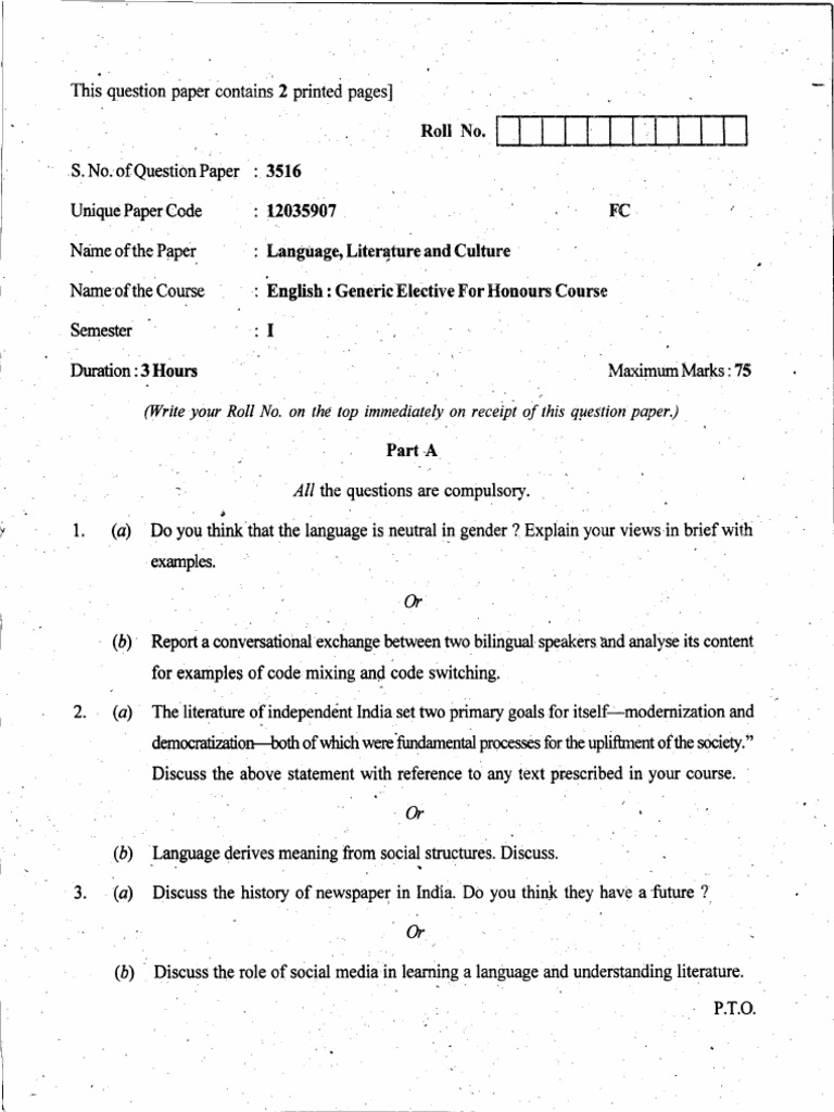 English Generic Elective For Honours Course Language, Literature and ...