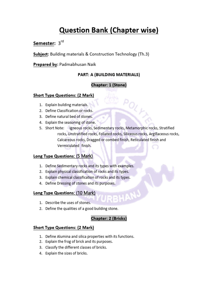 3rd Sem BMCT Question Bank | PDF | Rock (Geology) | Cement