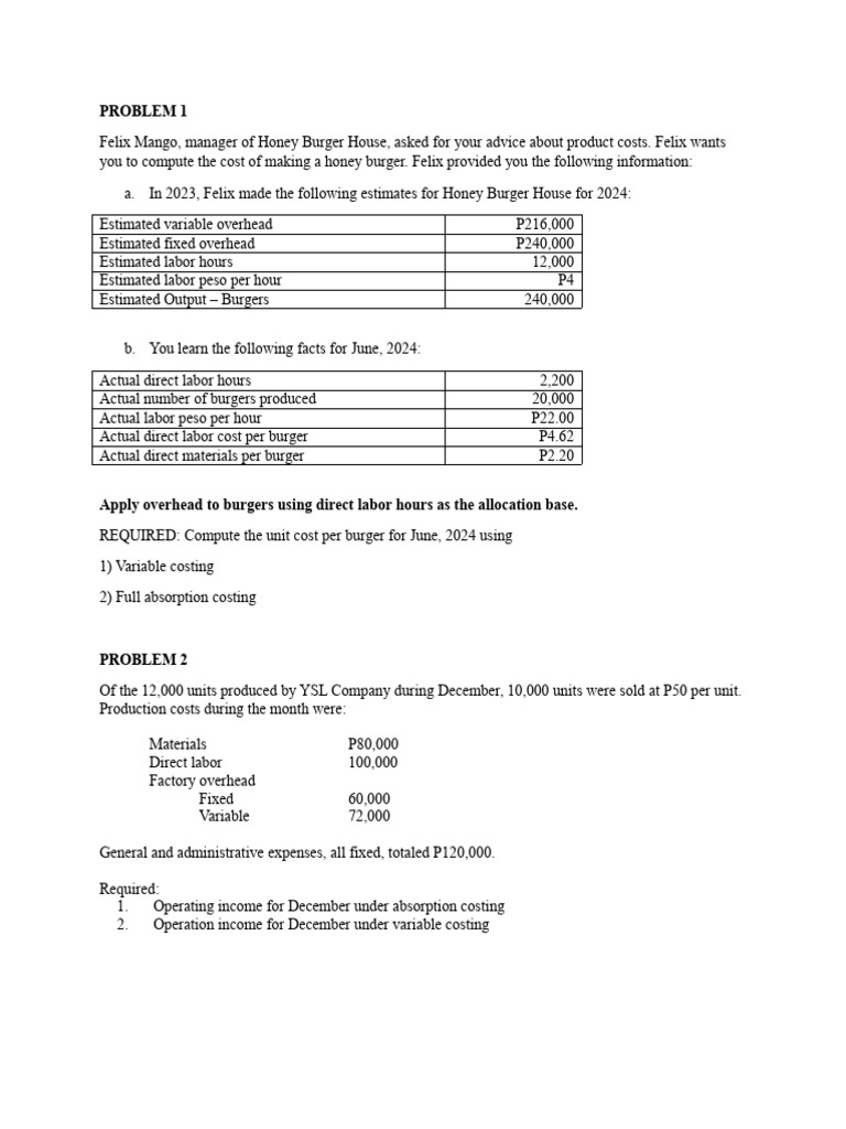 Exercises - Absorption & Variable Costing | PDF