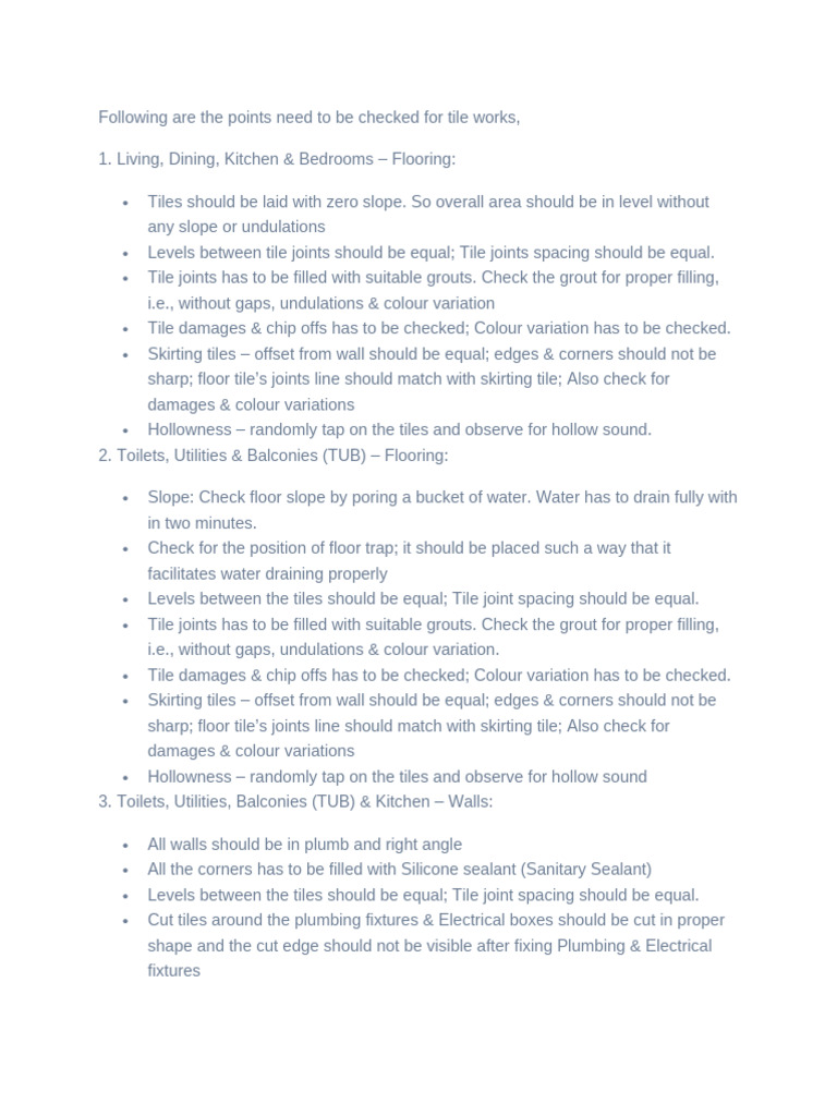 Following are the points need to be checked for tile works | PDF | Tile | Building Materials