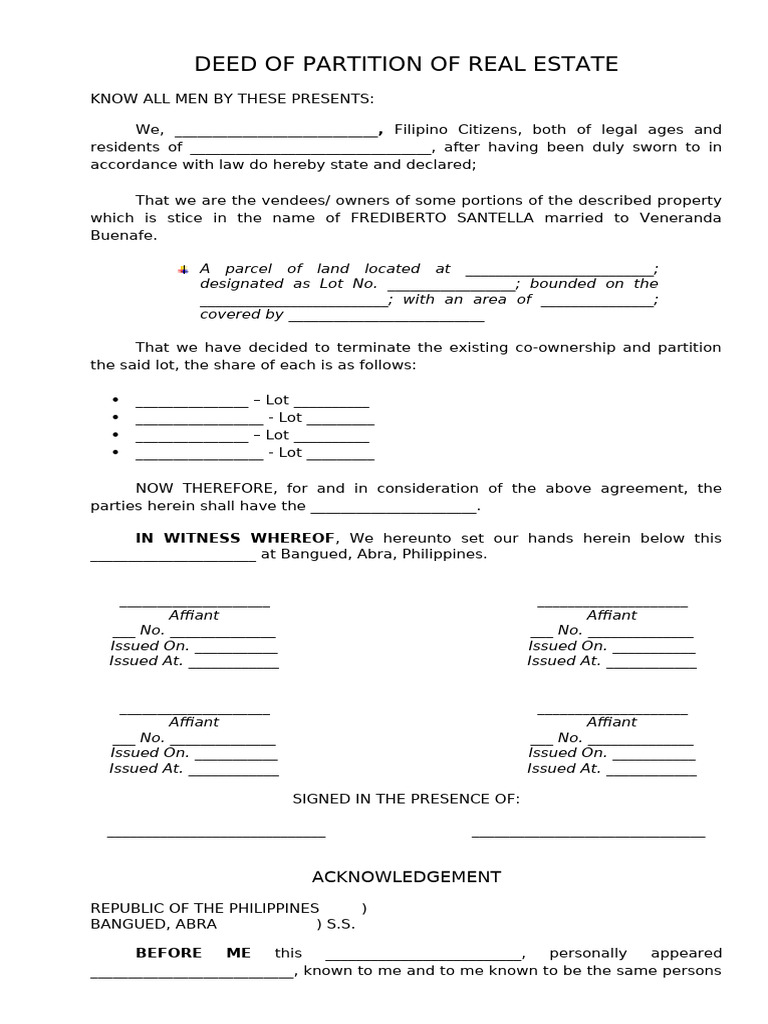 DEED OF PARTITION OF REAL ESTATE- FORM | PDF | Natural Resources Law ...
