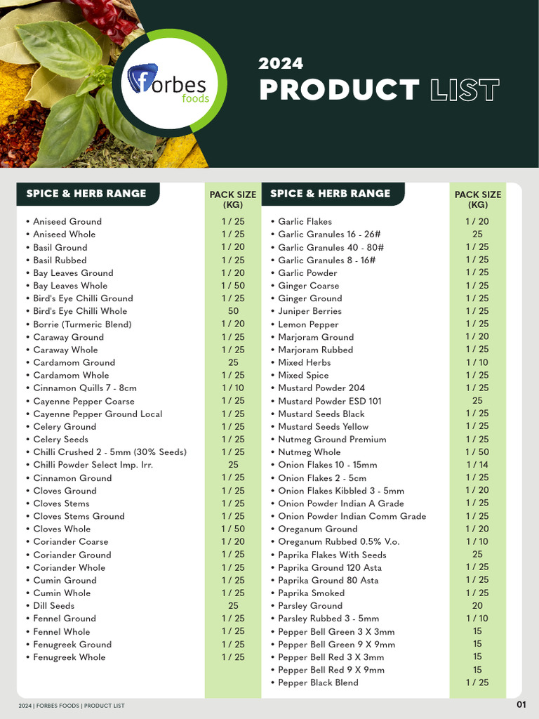 Forbes Foods 2024 Spice & Herb List | PDF | Barbecue | Sausage