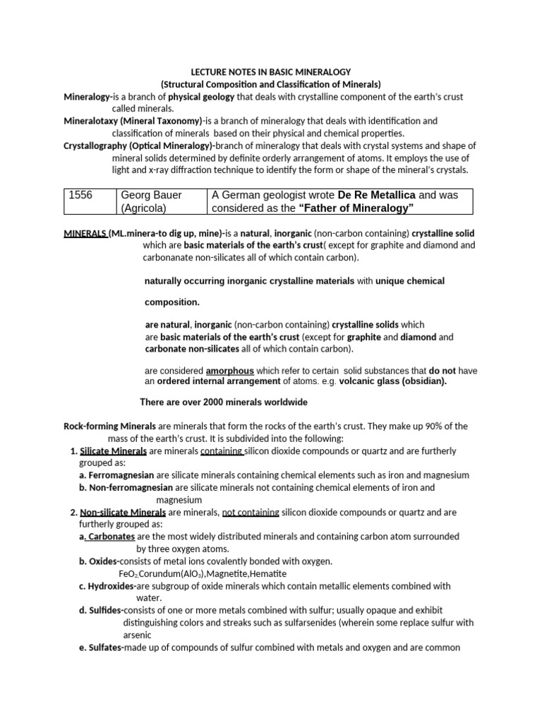 Lecture Notes in Basic Mineralogy | PDF | Minerals | Mineralogy