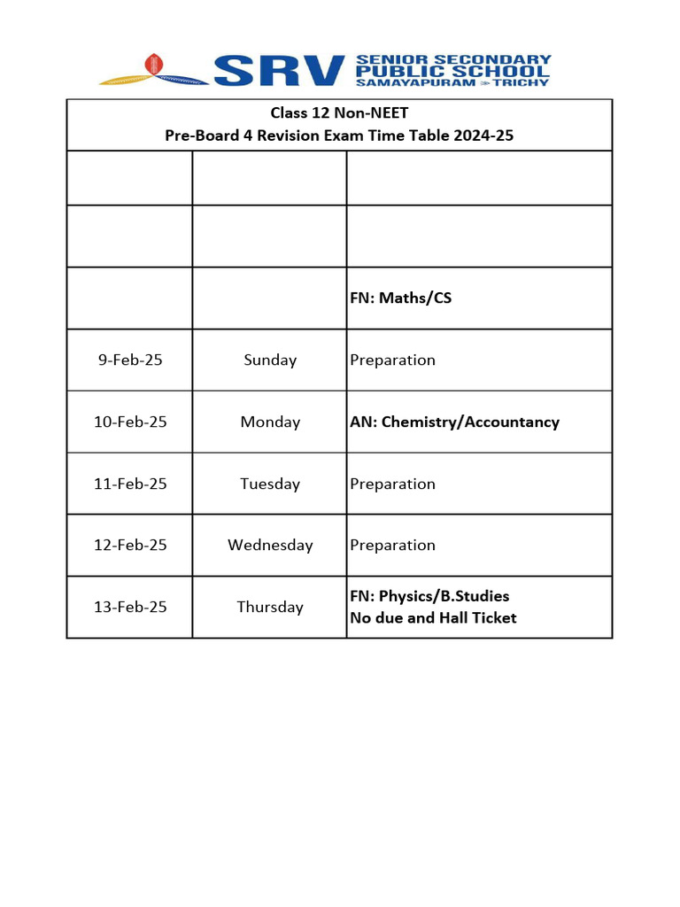 Class 12 Non-NEET Pre-Board 4 Revision Exam Time Table | PDF