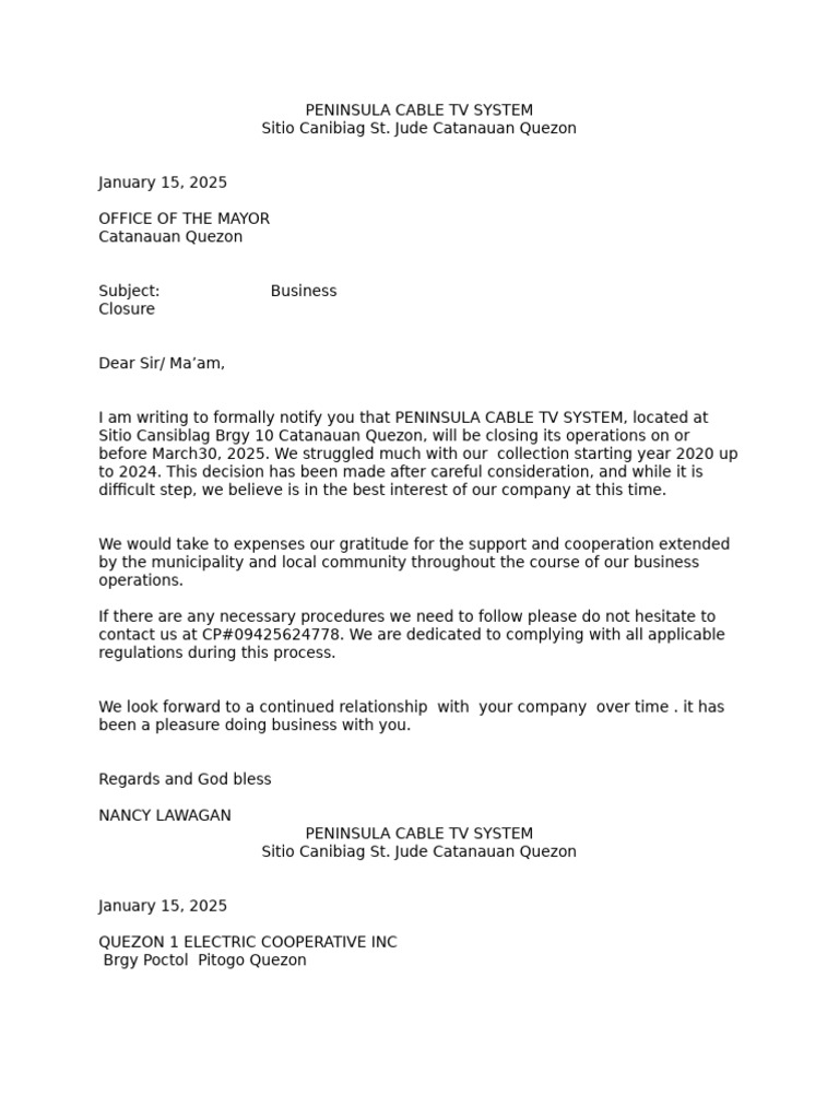 Peninsula Cable TV Closure Notice | PDF