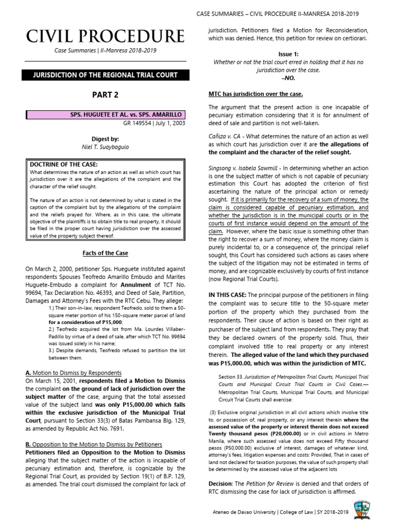 Civil Procedure Case Summaries (4 - RTC Jurisdiction Part 2) | PDF | Lawsuit | Complaint