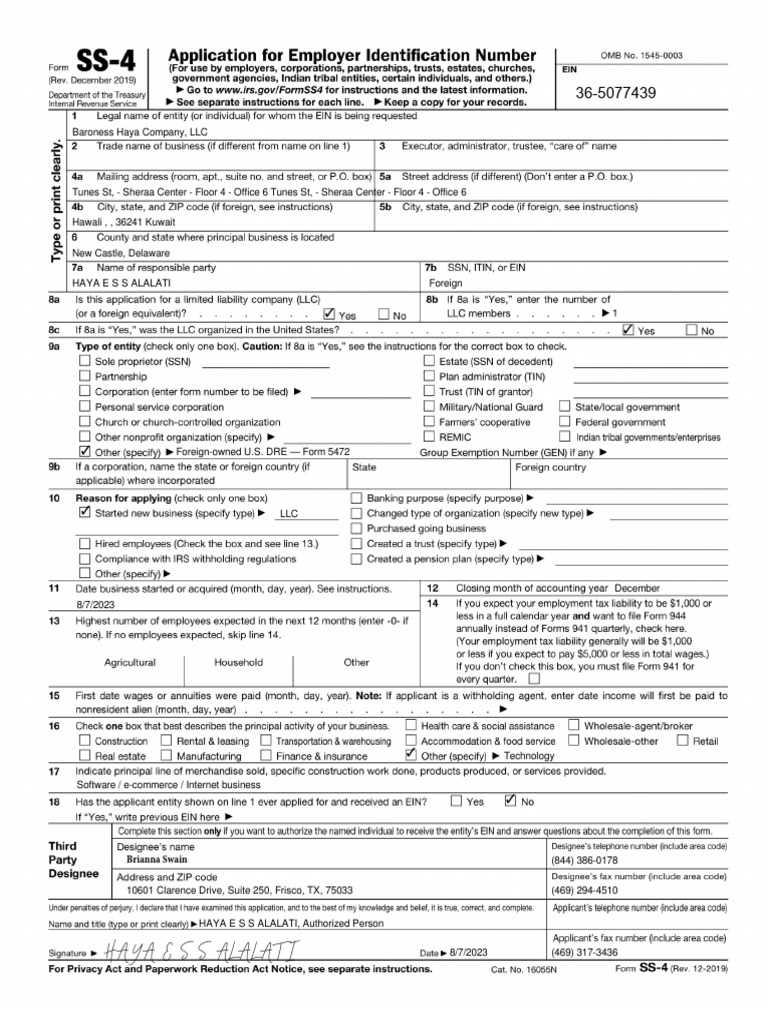 BaronessHayaCompanyLLC - 147c Letter - Approved SS-4 | PDF