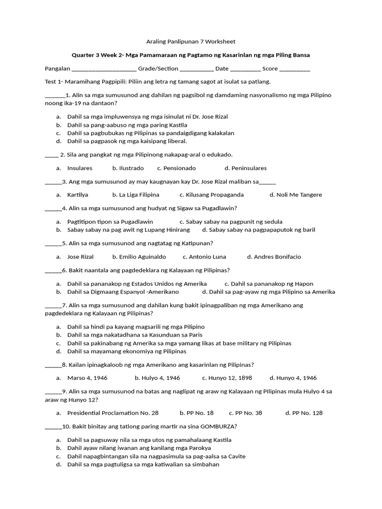 AP Worksheet Q3- Pamamaraan ng Paglaya | PDF