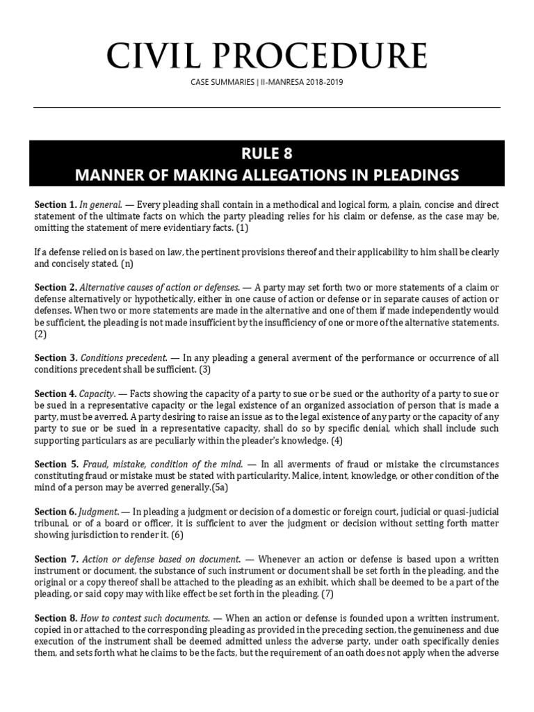 INCOMPLETE-Civil-Procedure-Case-Summaries-13-Rule-8 | PDF | Cause Of ...