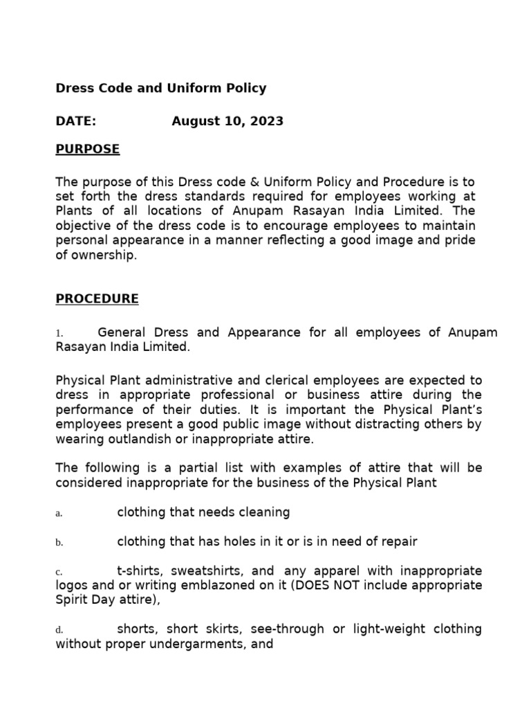 Guidelines of Clothing & Dress Code | PDF | Electrostatic Discharge ...