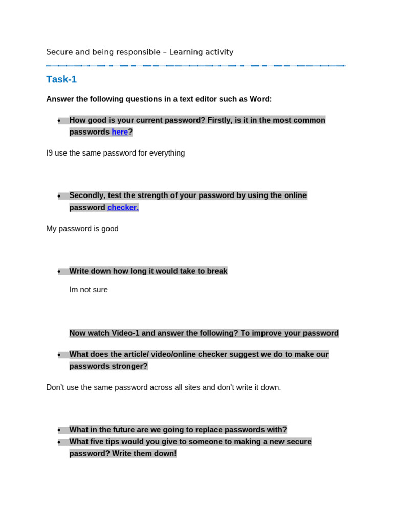 Secure and Being Responsible - Learning Acitvities | PDF