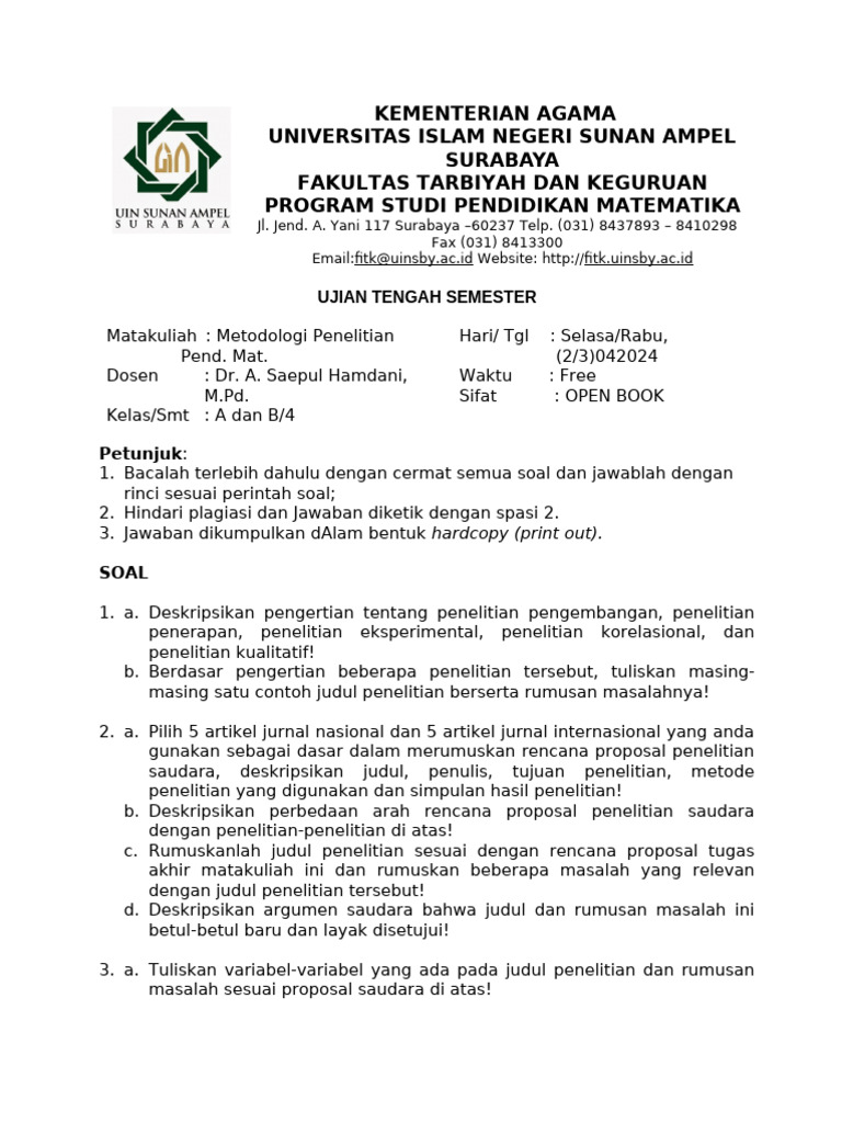 Soal UTS Metodologi Penelitian 2024 | PDF