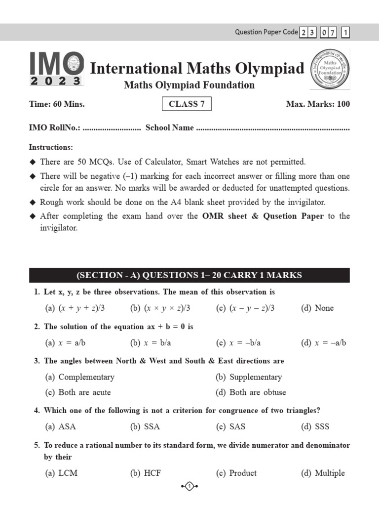 IMO Class7 PractisePaper1 | PDF | Elementary Mathematics | Mathematics