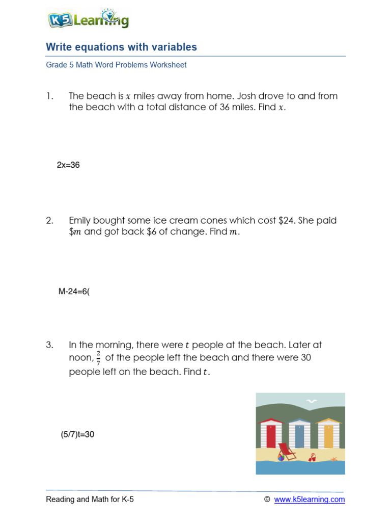 Grade 5 Word Problems Variables Equations A | PDF