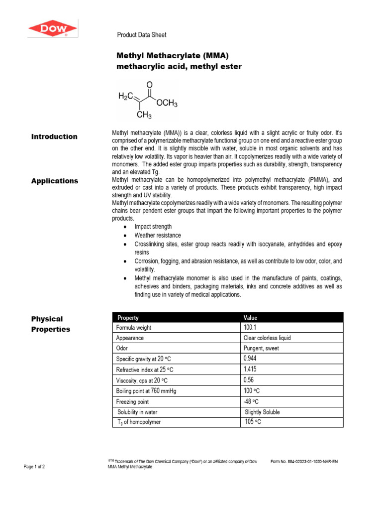 884 02323 01 Methyl Methacrylate Mma | PDF | Poly(Methyl Methacrylate ...
