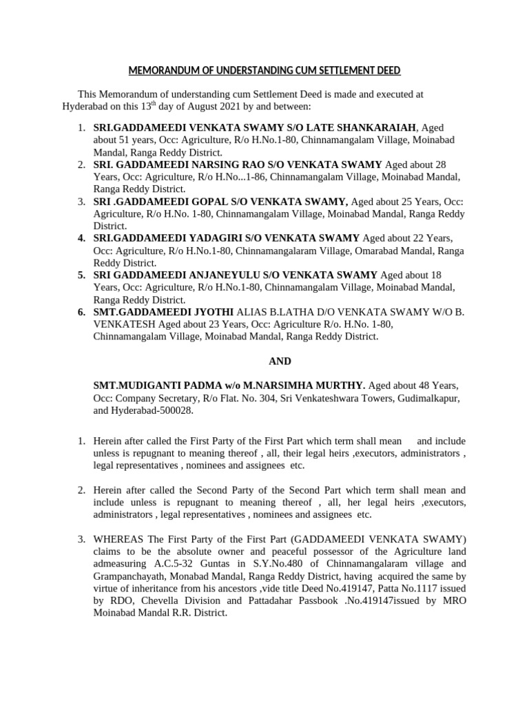 Settlement Deed Agreement Overview | PDF | Civil Law (Common Law) | Property Law