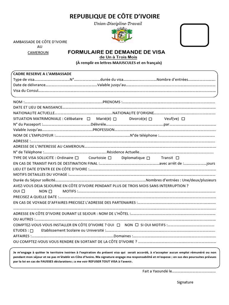 Formulaire de Visa Côte d'Ivoire | PDF | Visa (Document)