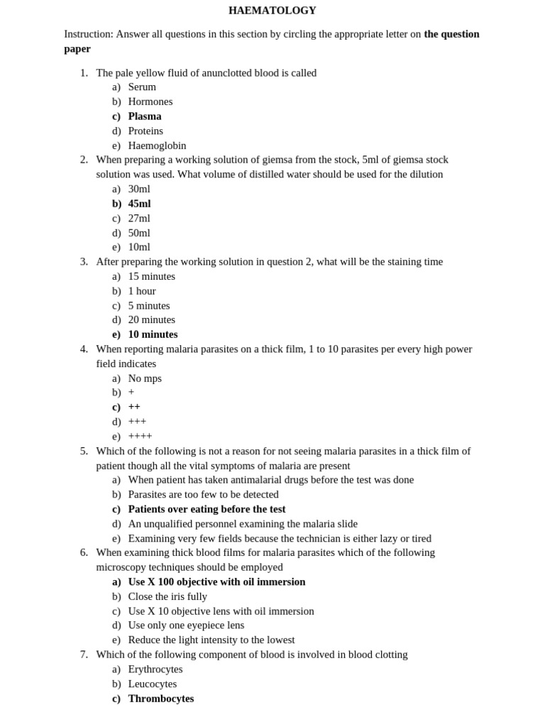 Essential Hematology Quiz Questions | PDF | Fat | Enzyme