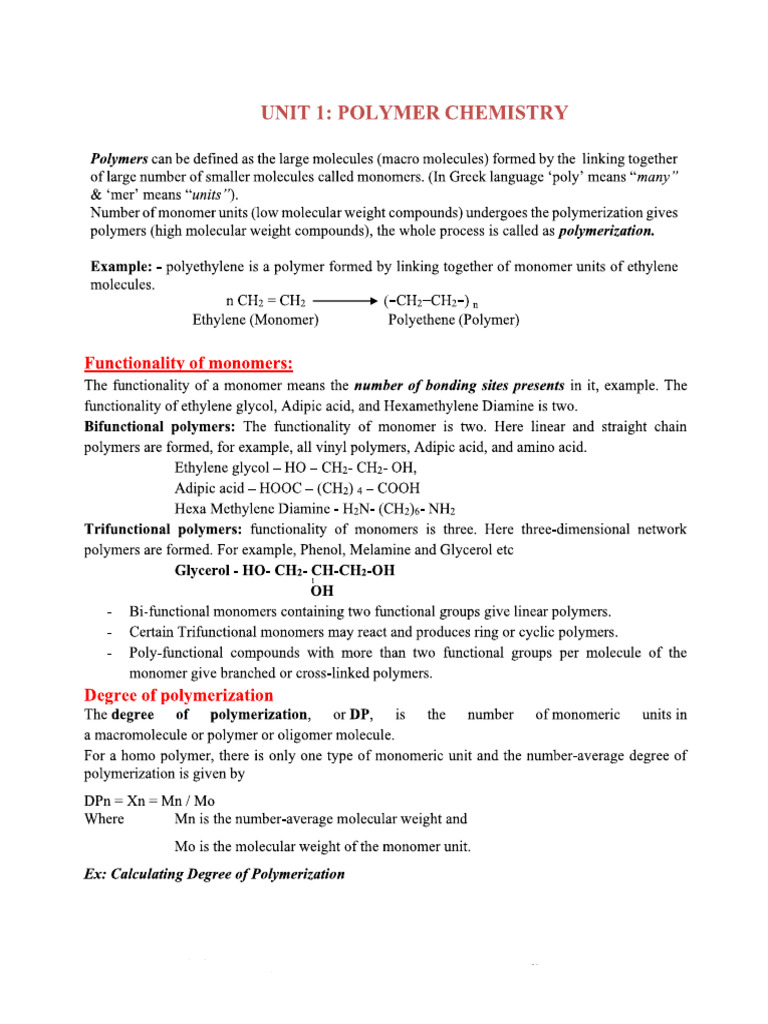 UNIT-1 POLYMERS Chemistry | PDF