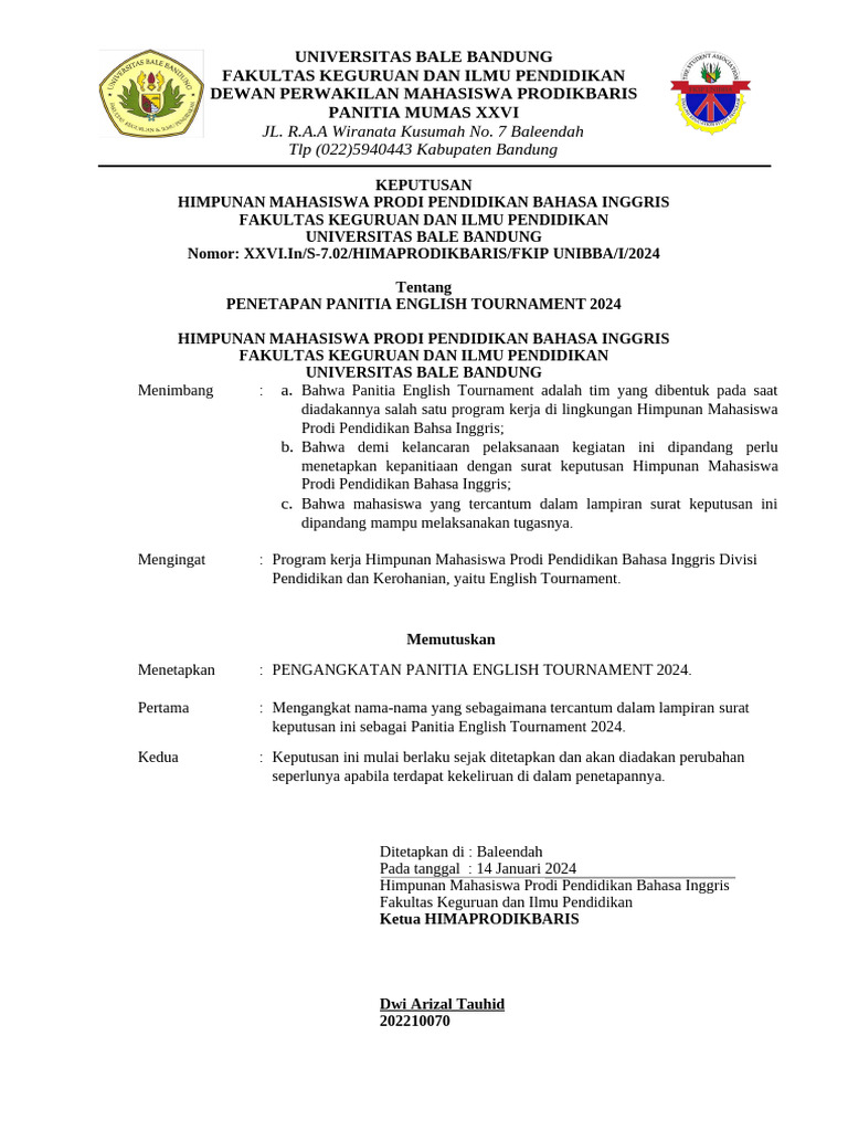 Penetapan Panitia English Tournament 2024 | PDF