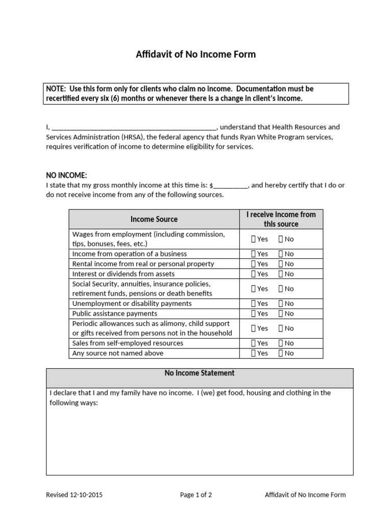 Affidavit of No Income Form | PDF | Income | Affidavit
