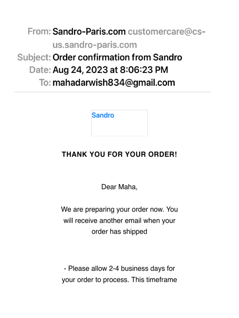 Order Confirmation From Sandro | PDF