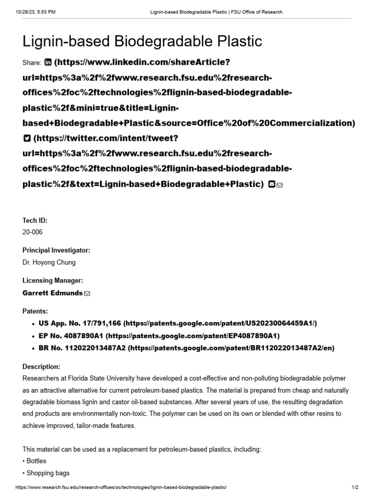 Lignin Biodegradable Plastic Innovation | PDF | Plastic | Biodegradation