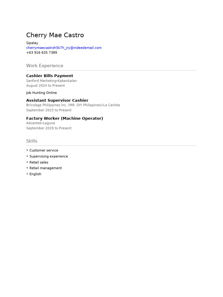 Cherry Mae Castro's Work Experience & Skills | PDF