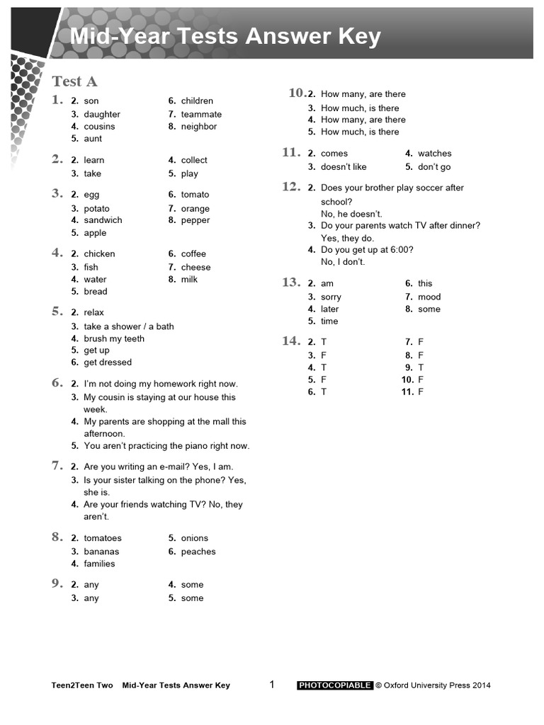 T2T Two Mid-Year Test Answer Key | PDF | Foods | Cuisine