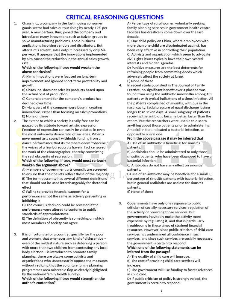 Critical reasoning questions (1) | PDF | Spelling | Child Care