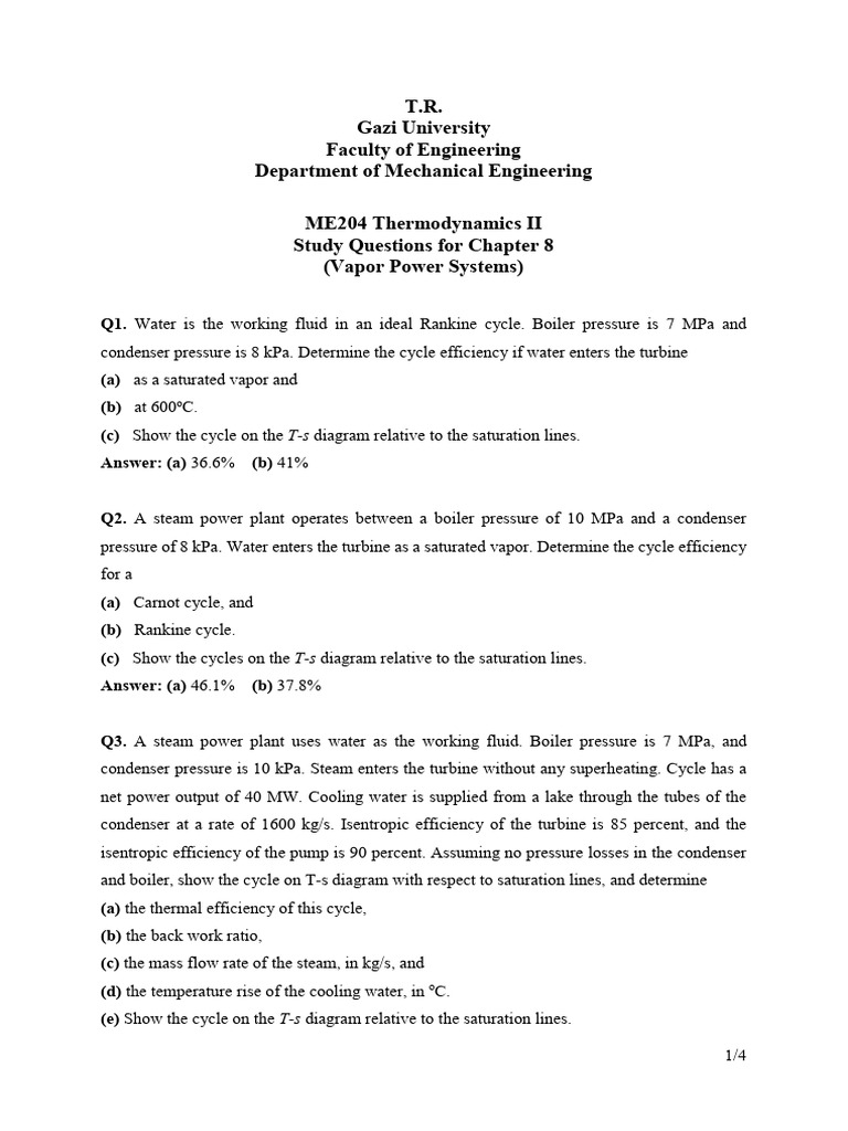 Study Questions (ME204 - Chapter 8) | PDF | Steam | Energy Technology