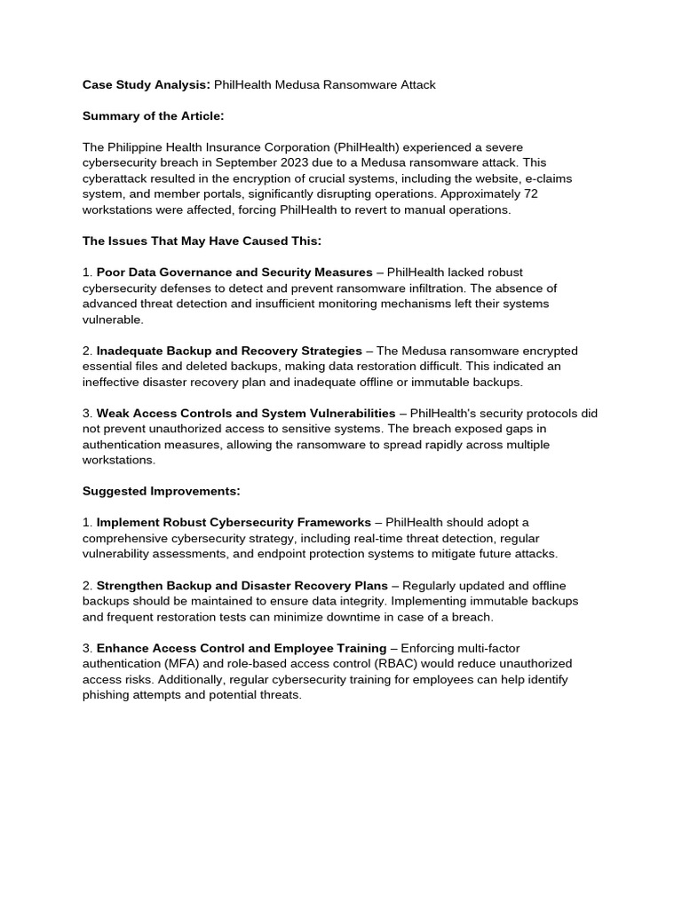 Case Study Analysis - PhilHealth Medusa Ransomware Attack | PDF