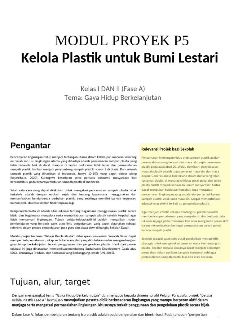 P5 GAYA HIDUP BERKELANJUTAN KELOLA SAMPAH PLASTIK FASE A | PDF