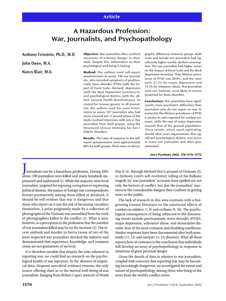 Feinstein 2002 War Journalists PTSD | PDF | Psychological Trauma | Major Depressive Disorder