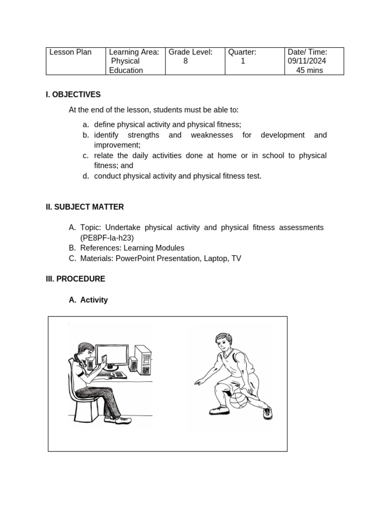 Grade 8 Physical Fitness Assessment Plan | PDF | Chair | Foot