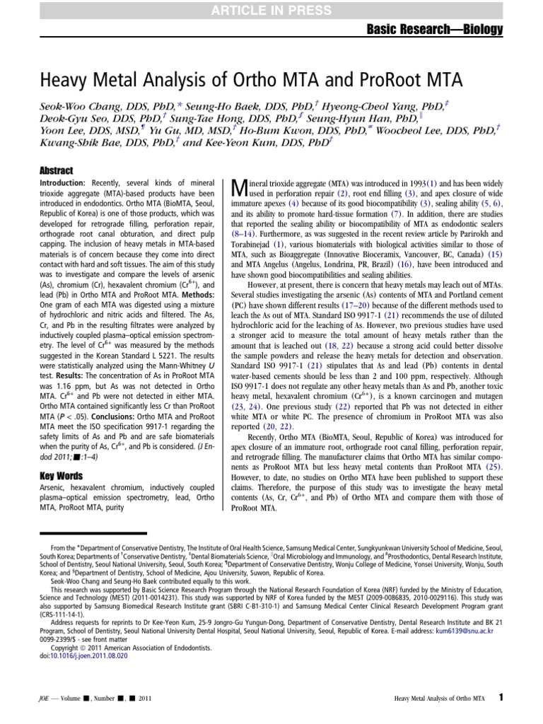 Heavy Metal Analysis of Ortho MTA and ProRoot MTA | PDF | Chromium ...
