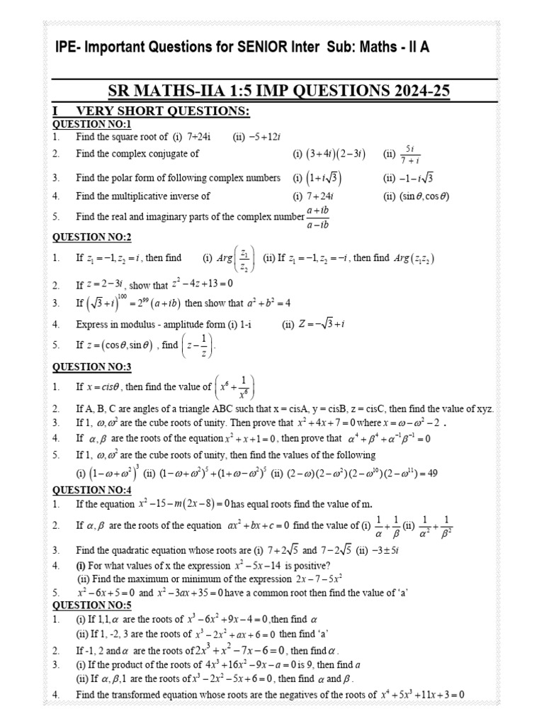 SR Maths-Iia 1:5 Imp Questions 2024-25: IPE-Important Questions For SENIOR Inter Sub: Maths - II ...