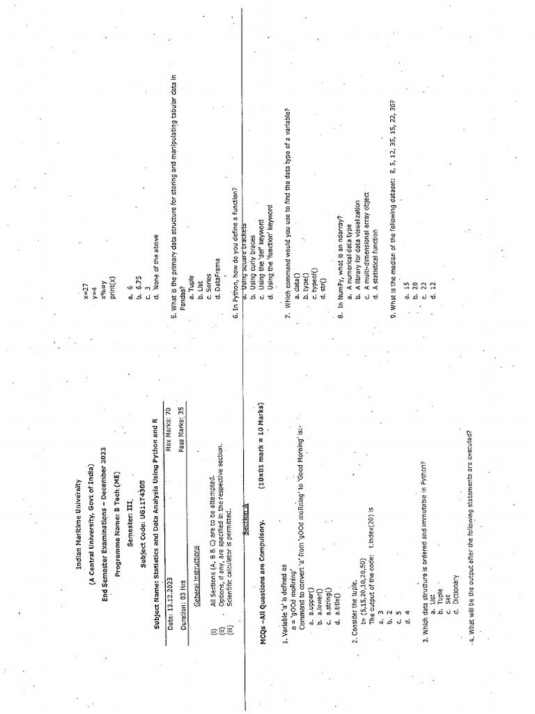 Dec23 - UG11T4305 - Statistics and Data Analysis Using Python and R | PDF