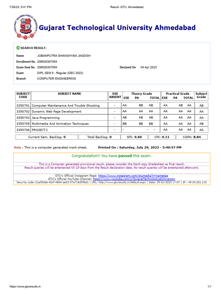 Result- GTU, Ahmedabad | PDF | World Wide Web | Internet & Web