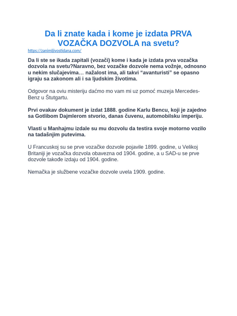 Da Li Znate Kada I Kome Je Izdata PRVA VOZAČKA DOZVOLA Na Svetu | PDF