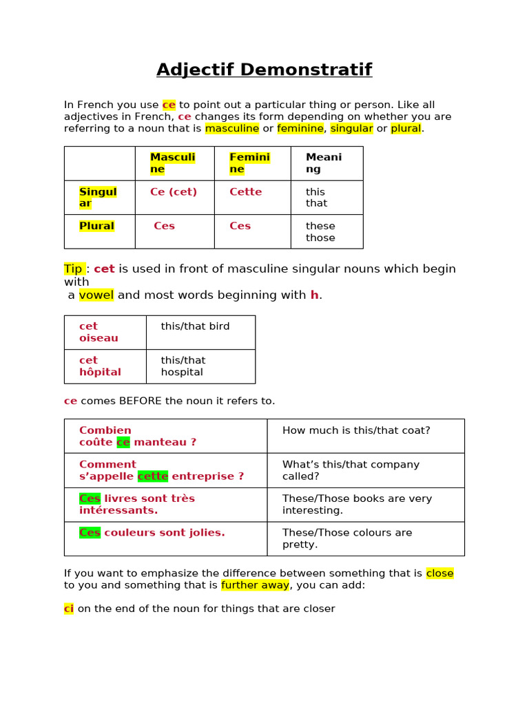Understanding French Demonstrative Adjectives | PDF