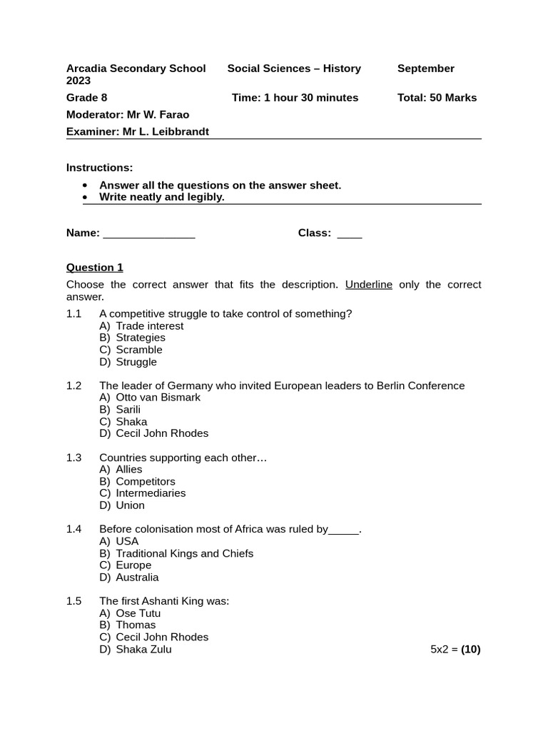 Grade 8 History Exam: Term 3 2023 | PDF