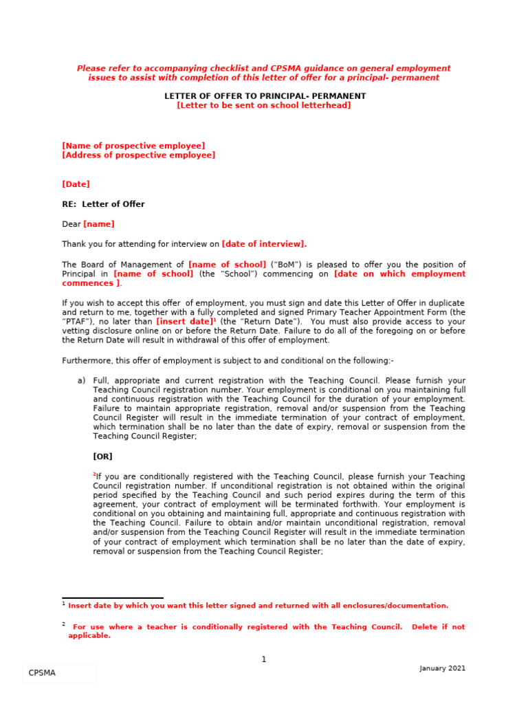 Principal Permanent Job Offer Letter | PDF | Teachers | Employment