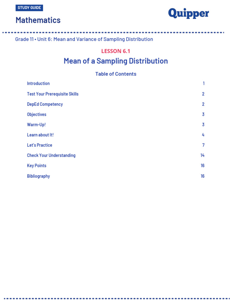 ME SP 11 Q3 0601 SG Mean Sampling Distribution | PDF | Mean | Probability Distribution
