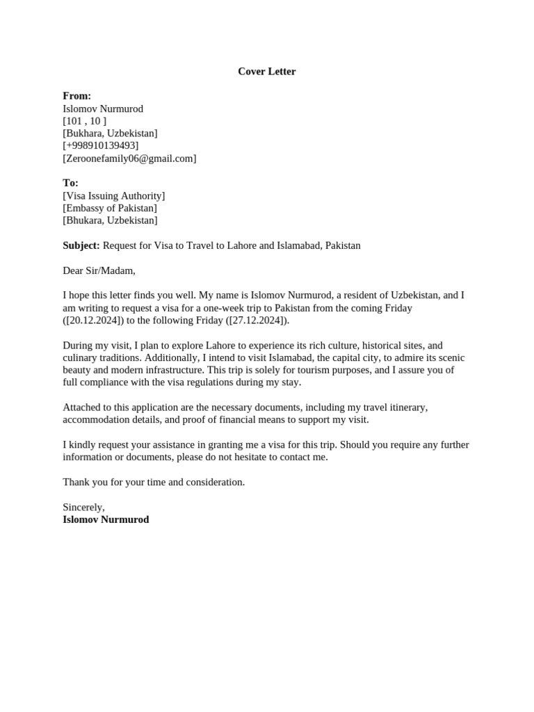 Visa Application Cover Letter for Pakistan | PDF