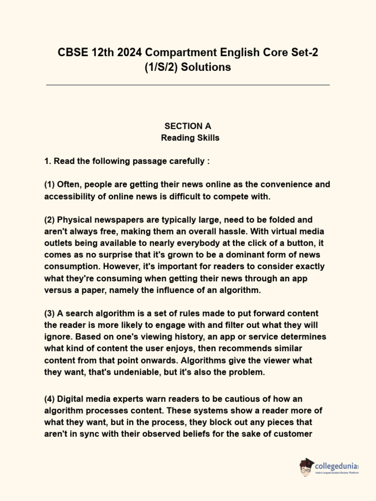 CBSE 12th 2024 Compartment English Core Set 2 1 S 2 Solutions | PDF ...