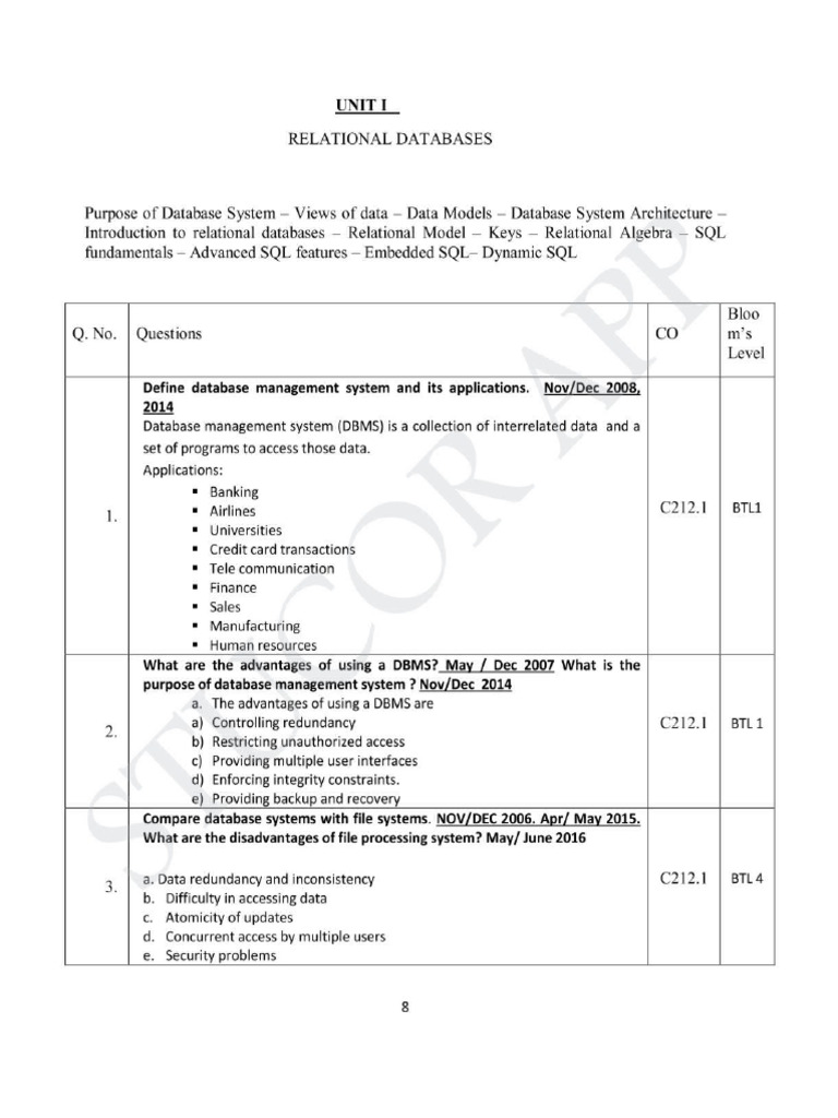 Cs3492 Dbms Two Mark Question Pdf Relational Database Relational Model