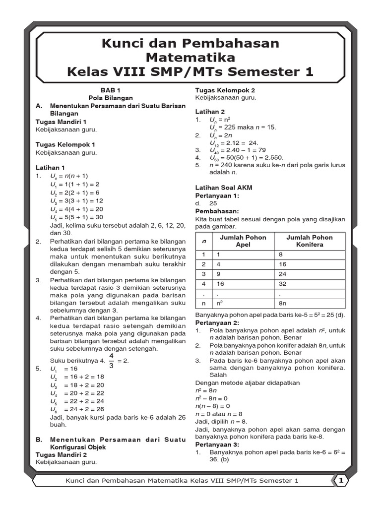 Kunci Matematika 8 SMT 1 | PDF