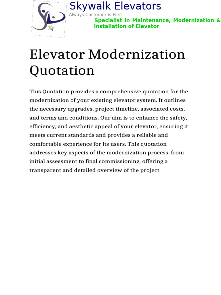 Elevator Modernization Quotation Overview | PDF | Elevator | Safety