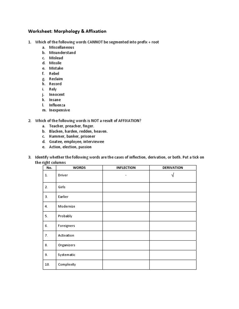 Worksheet for Affixation